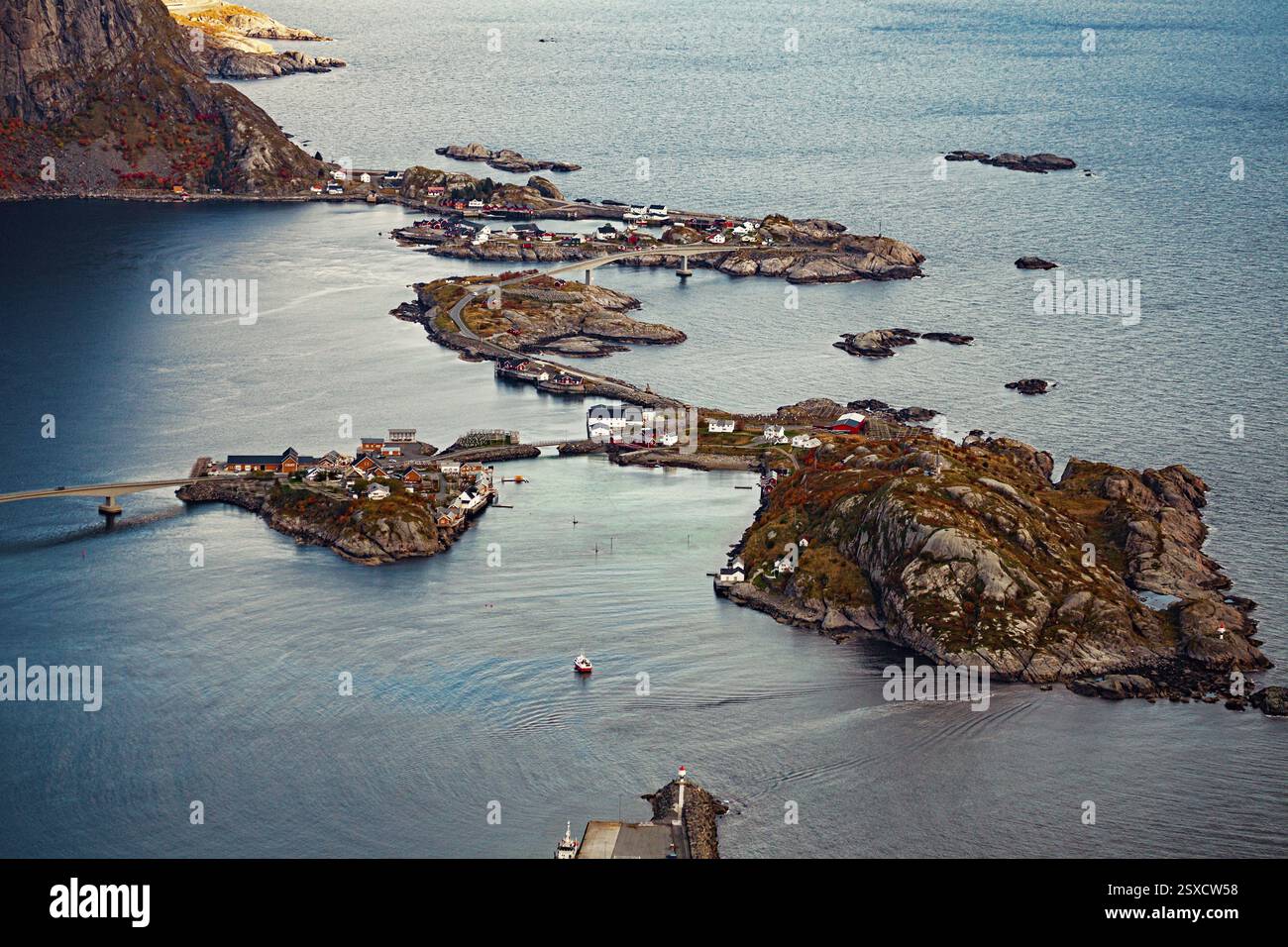Aerial view of rocky islands connected by a bridge with scattered ...