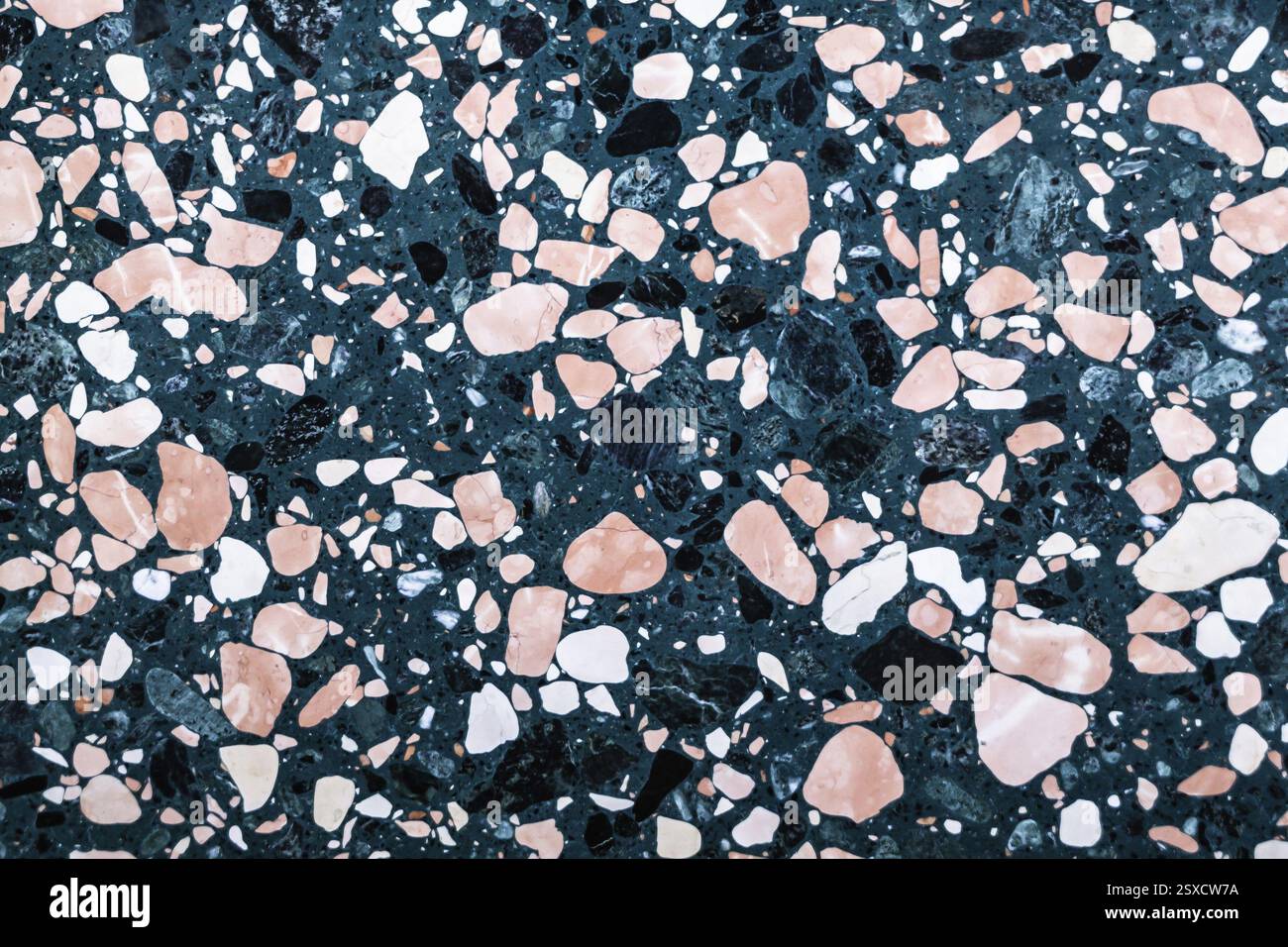 Dark background terrazzo with black, white, and pink speckles creating ...