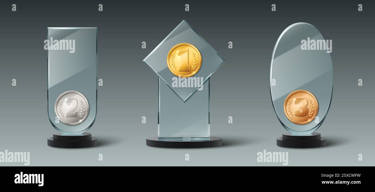 Glass trophy collection decorated with ranking medals - gold first ...