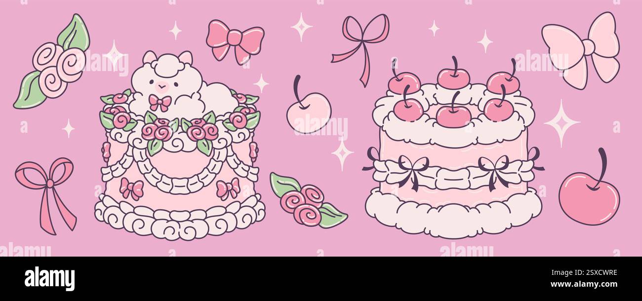 Kawaii style cakes with coquette bow decoration set isolated on pink ...
