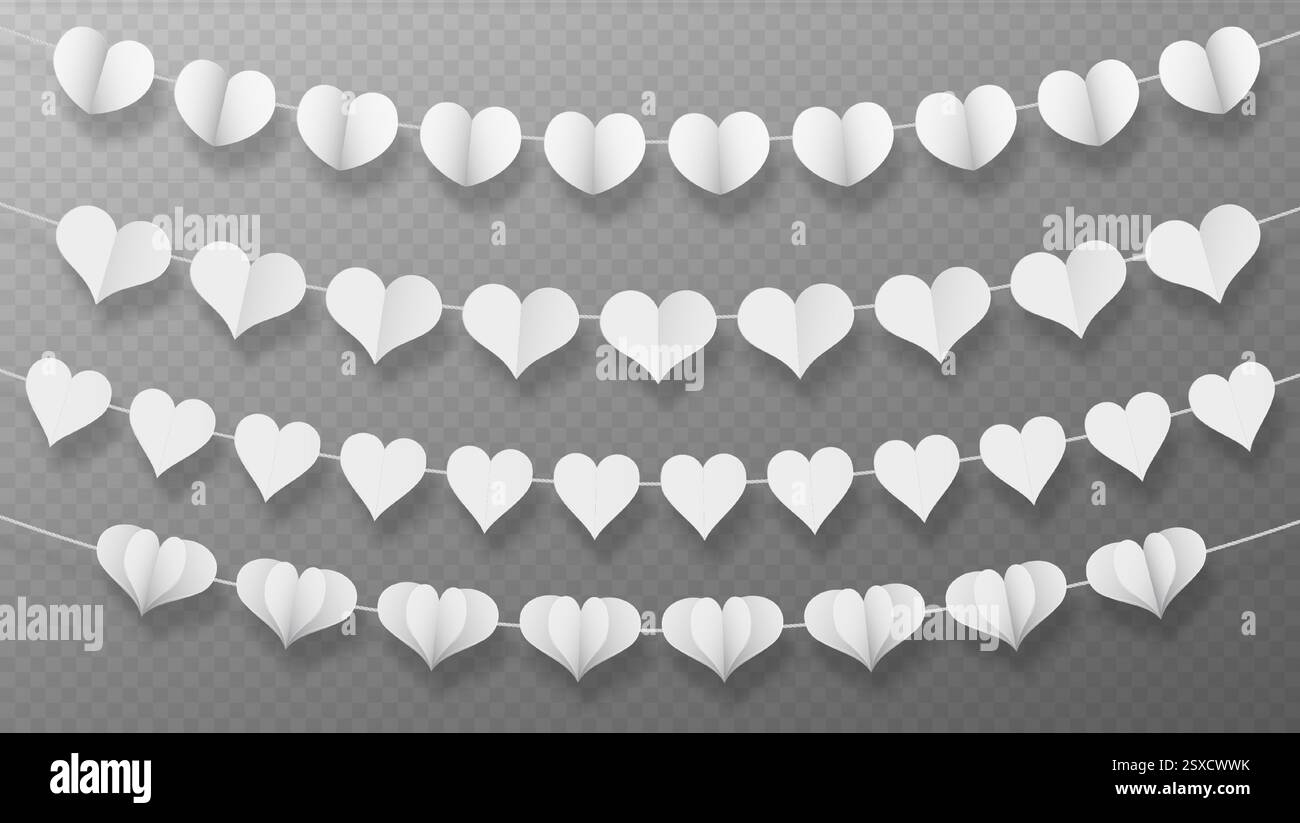 Paper heart garlands set - white folded decorative elements on string ...