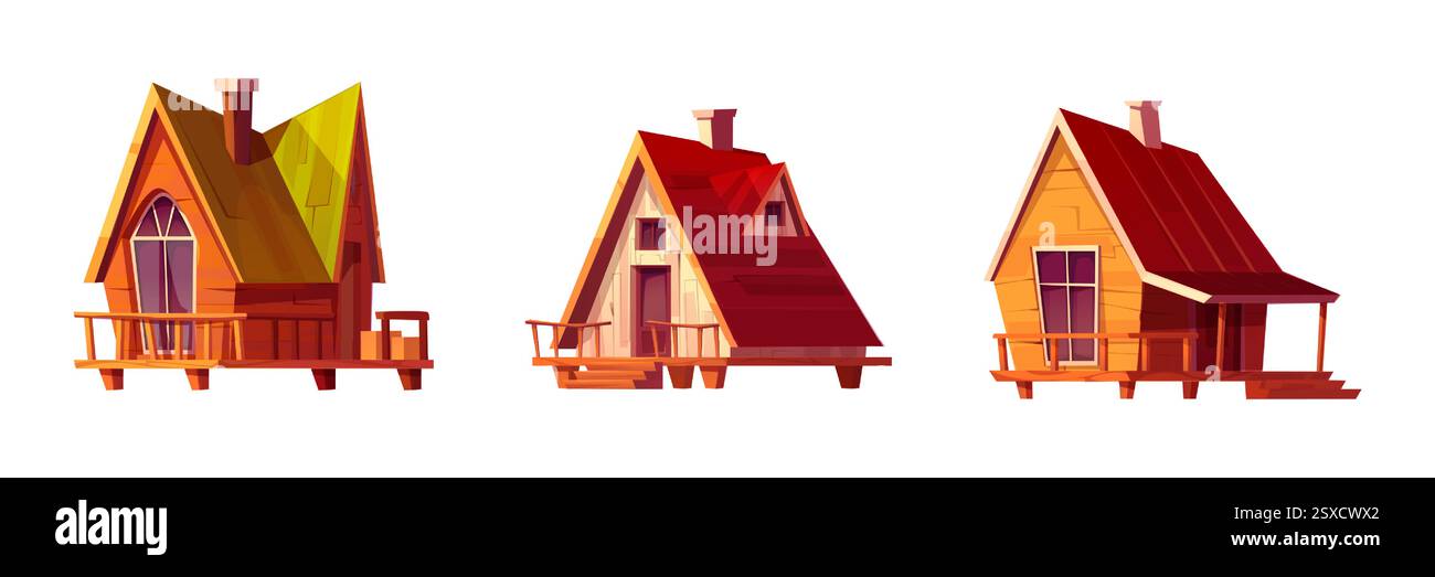 Log cabin set with wooden structures. Countryside cottages with steep ...