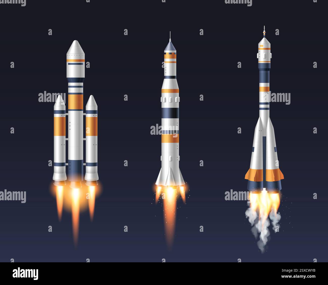 Modern space rockets set isolated on black background. Vector realistic illustration of ...