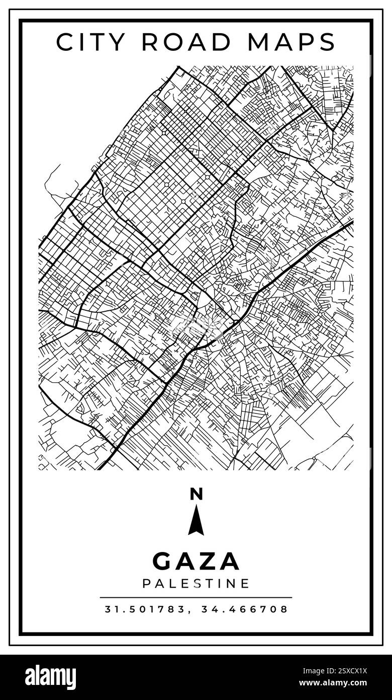 Black and white printable road map of Gaza city Palestine banner poster ...