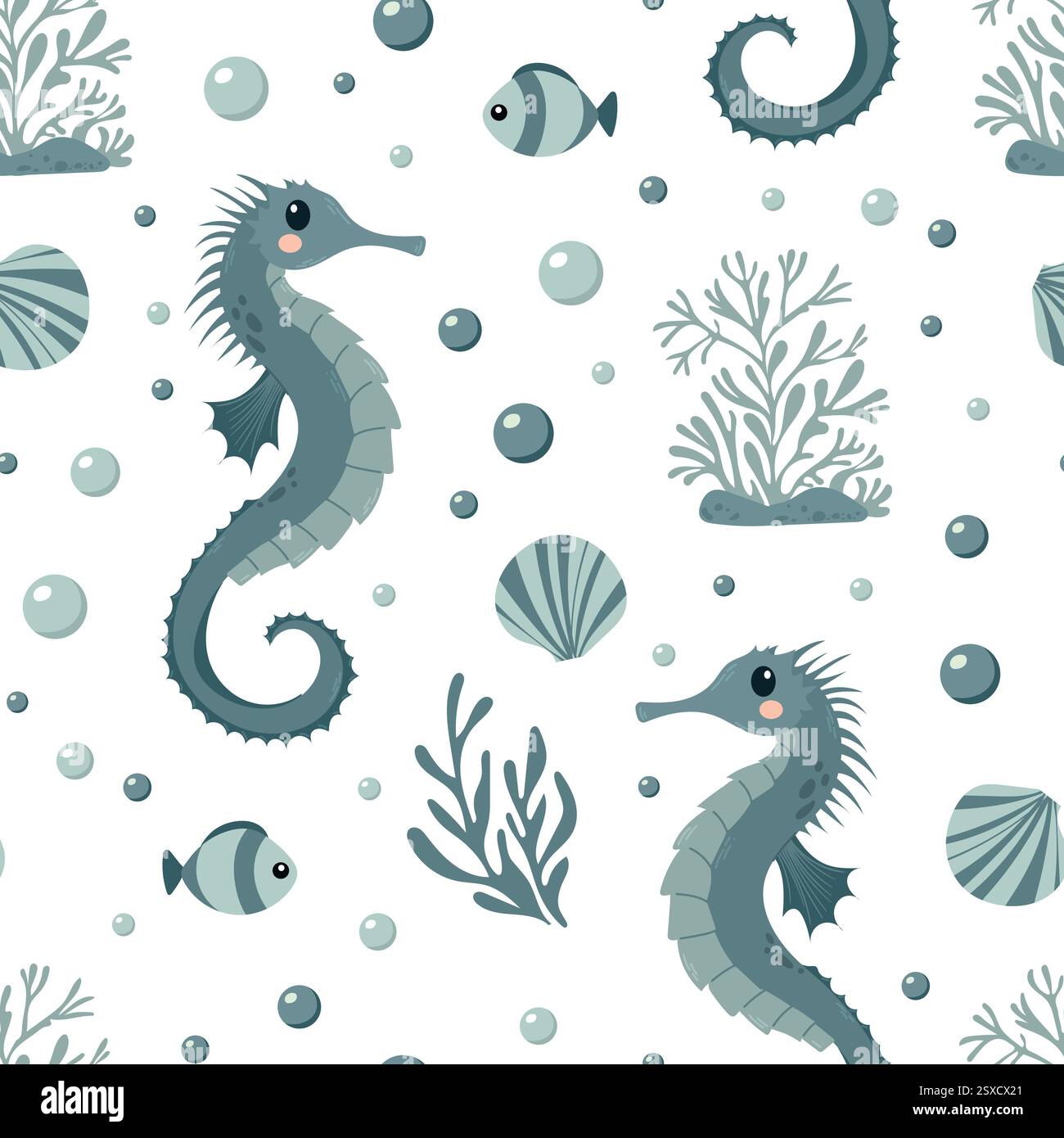Sea seamless pattern with seahorse, fish, seaweed, seashell flat style ...