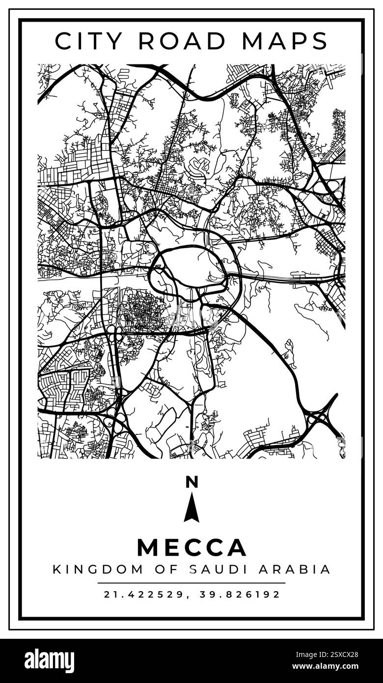 Black and white printable road map of Mecca city Kingdom Saudi Arabia ...