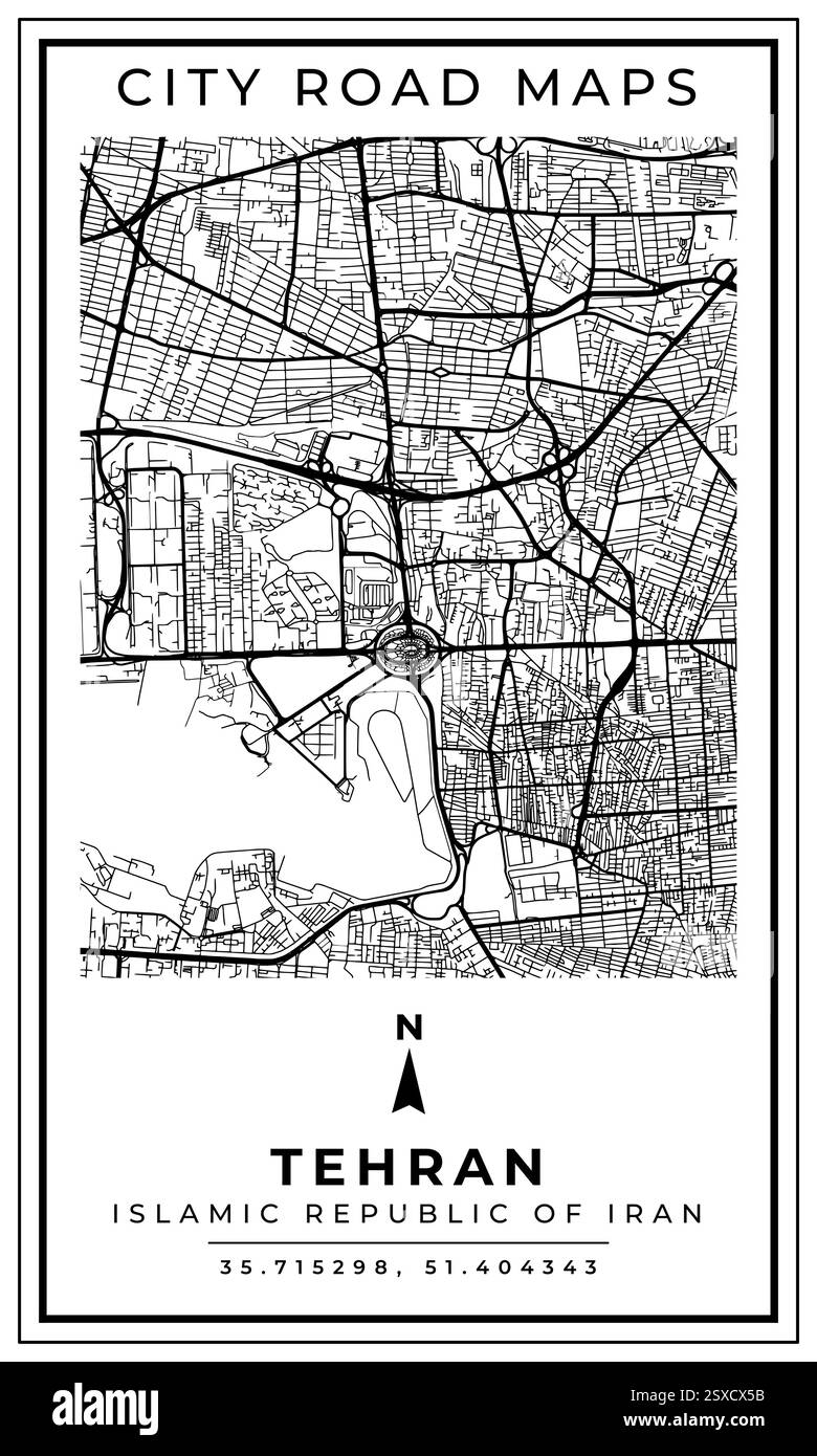 Black and white printable road map of Tehran city Islamic Republic of ...