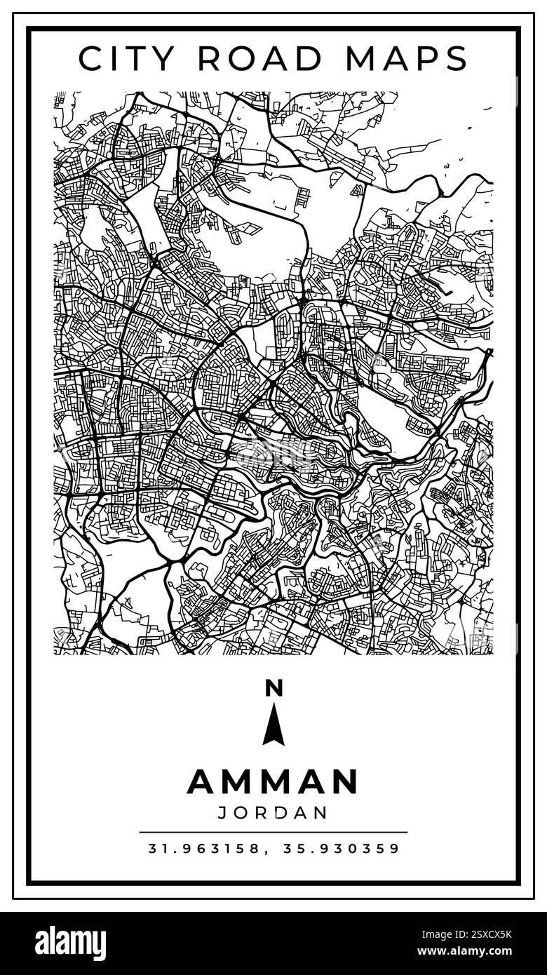Black and white printable road map of Amman city Jordan banner poster ...