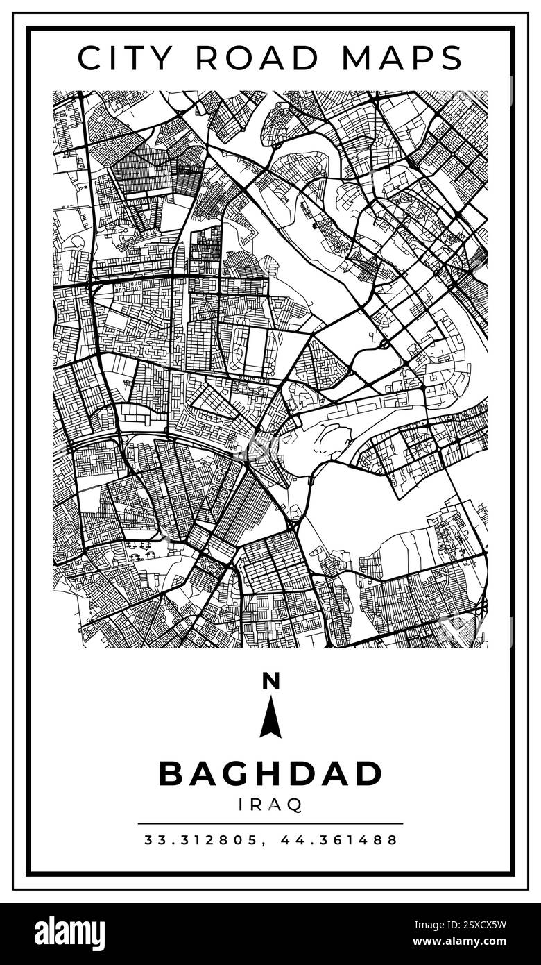 Black and white printable road map of Baghdad city Iraq banner poster design with coordinate ...
