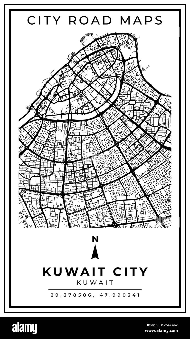 Black and white printable road map of Kuwait city of Kuwait banner ...