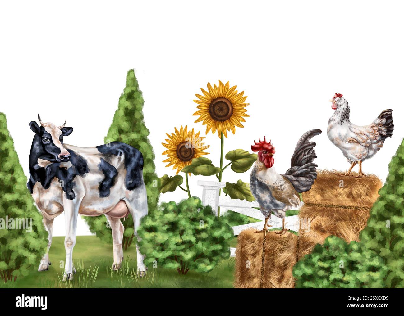 Horizontal border with a composition of cow, calf, han, chicken. Farm ...
