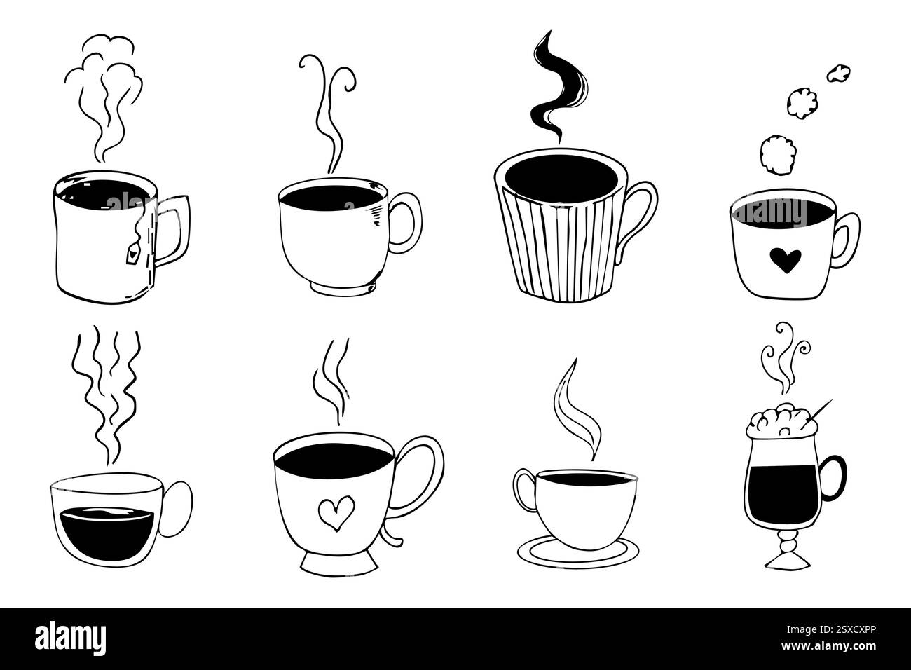 Tea or coffee cup with beverage and hot vapor steam hand drawn doodle ...