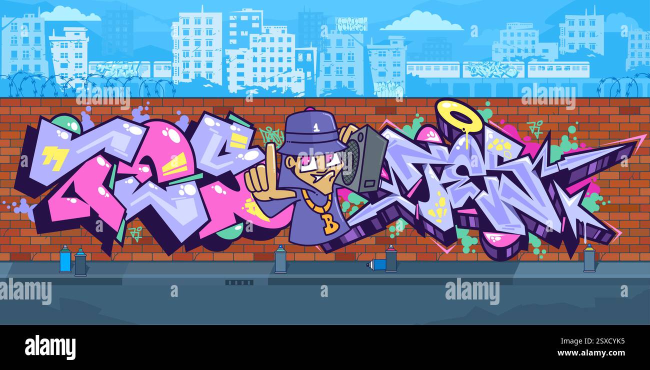 Modern Outdoor Urban Graffiti Wall With Street Art Drawings Against The ...