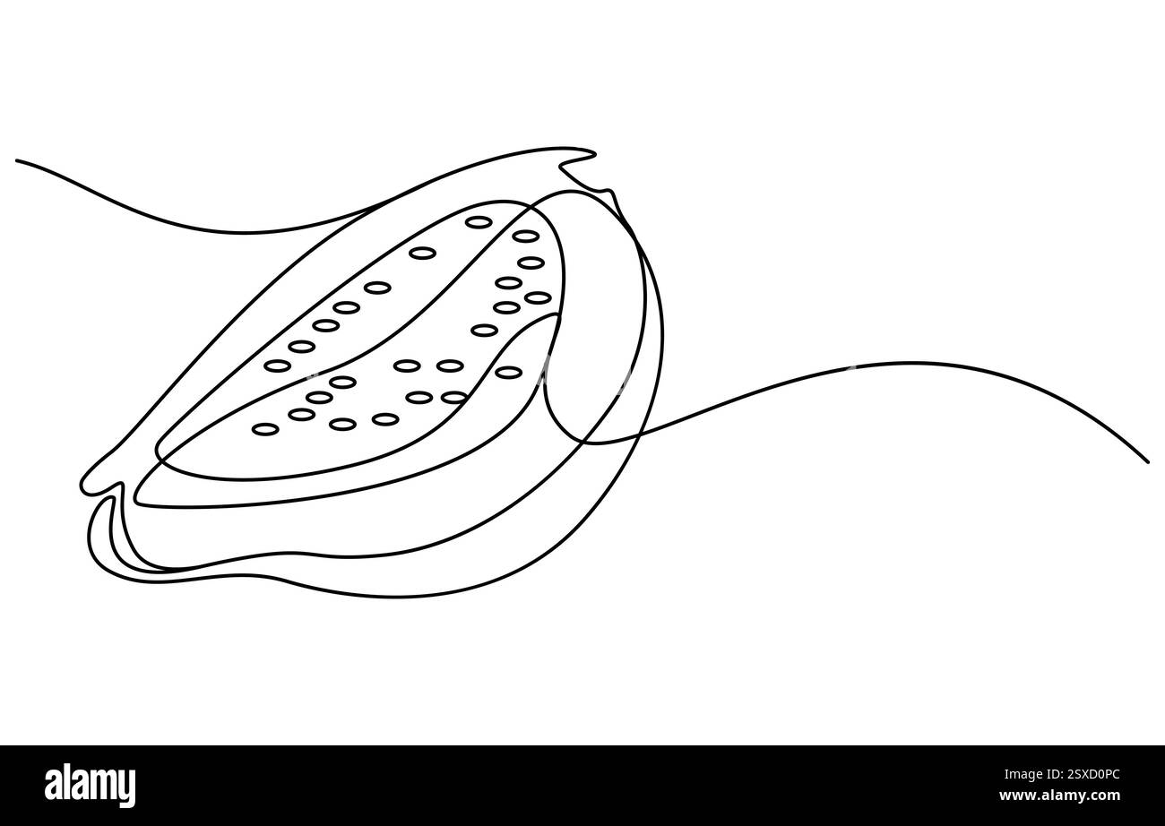 Single continuous line drawing whole and half sliced healthy organic java guava for orchard logo ...