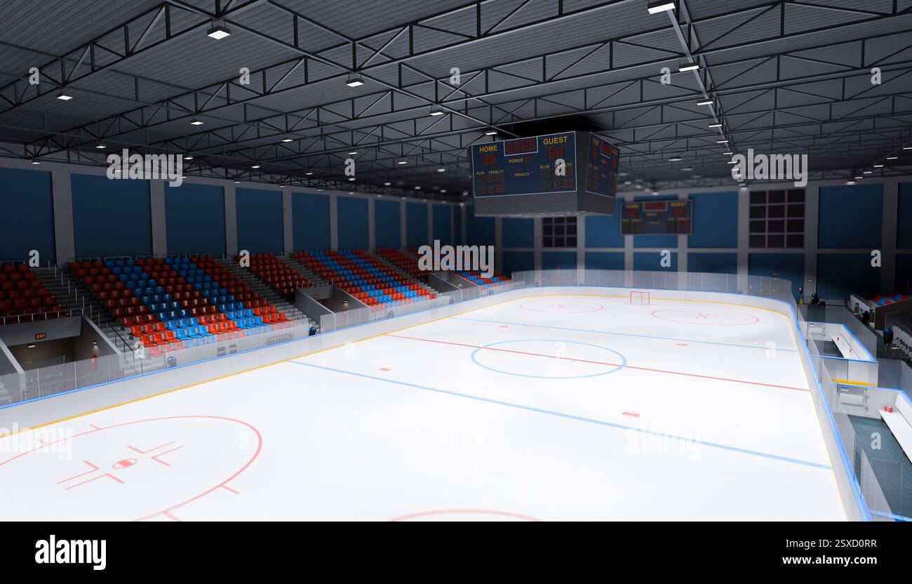 indoor ice hockey arena clean ice rink. empty blue red seats large ...