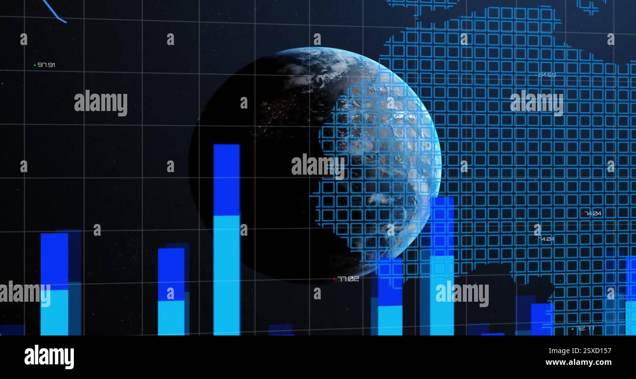 Image of financial data processing over world map and globe Stock Photo ...