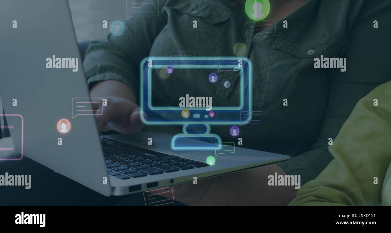 Image of computer and chat icons over two happy caucasian female ...