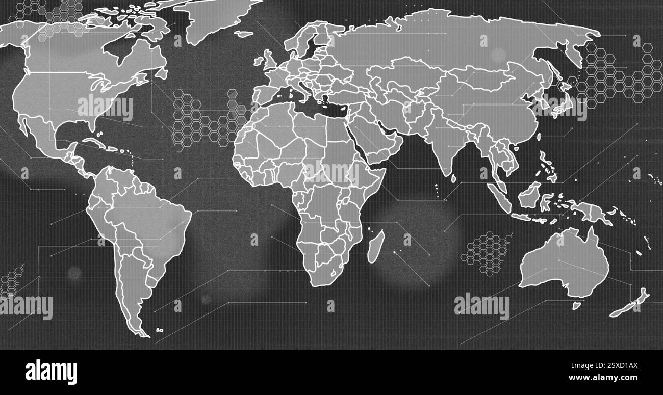 Image of world map over shapes on black background Stock Photo - Alamy