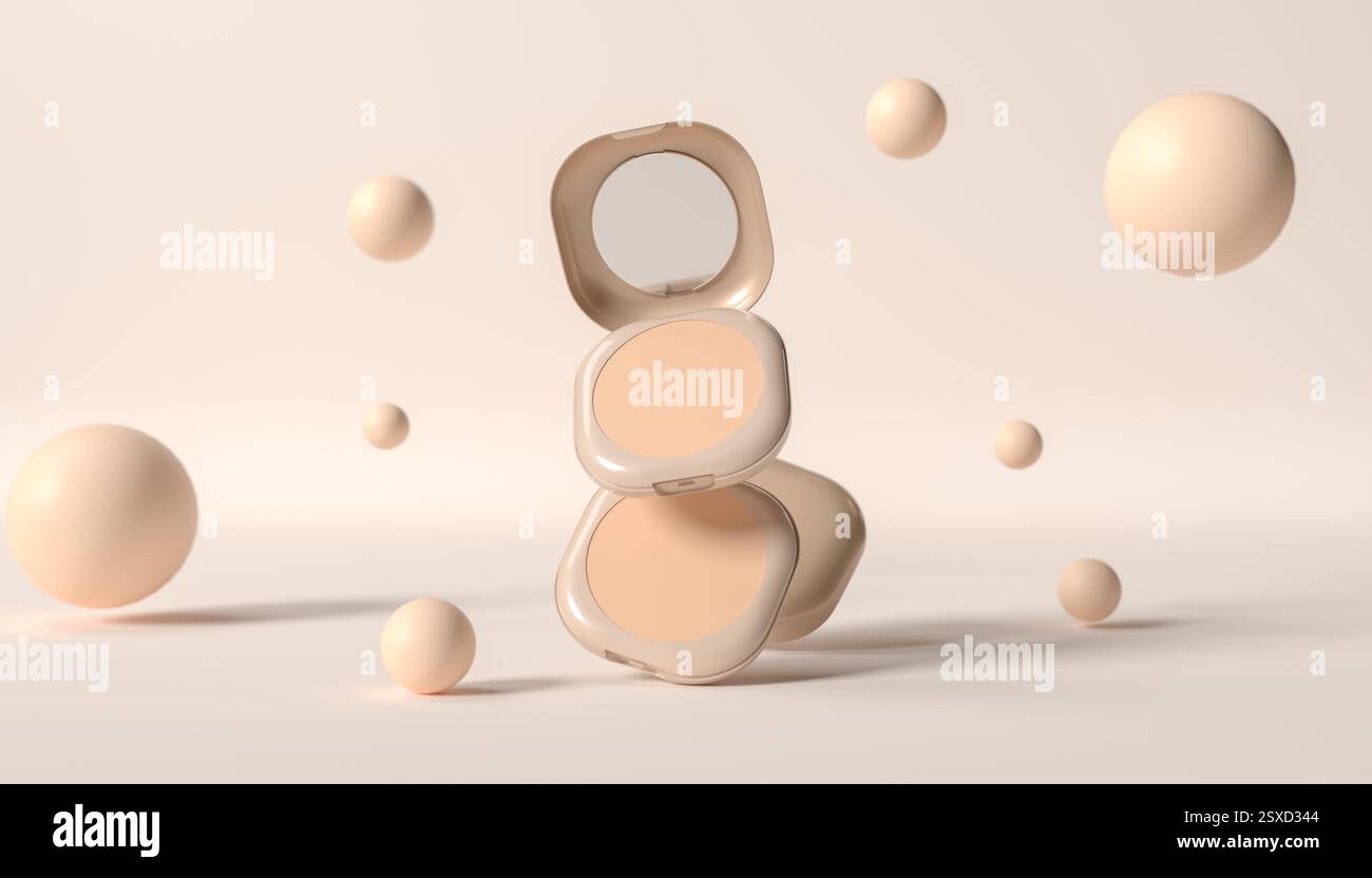 Open compact powder case with mirror, beige makeup, surrounded by ...