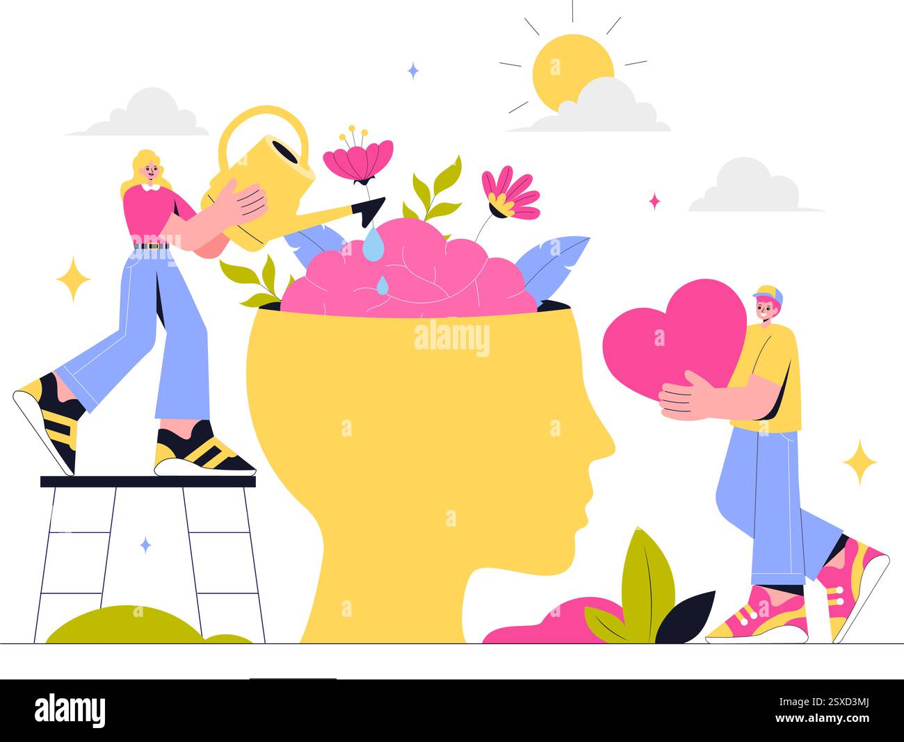 Mental Health Vector Illustration Featuring a Brain and Flowers ...