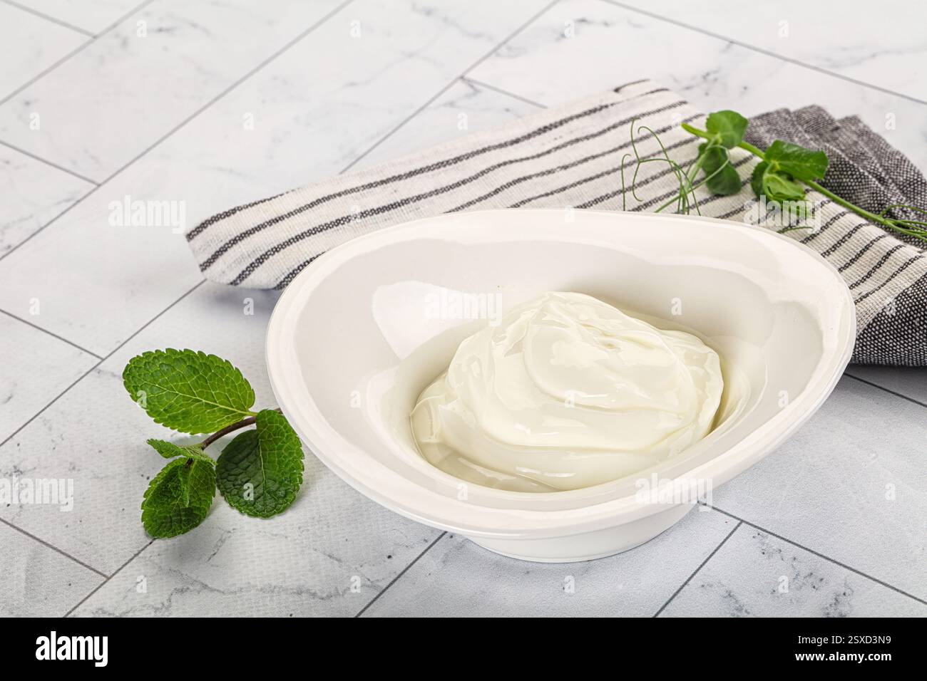 Traditional soft dietary Greek yoghurt served mint leaves Stock Photo ...