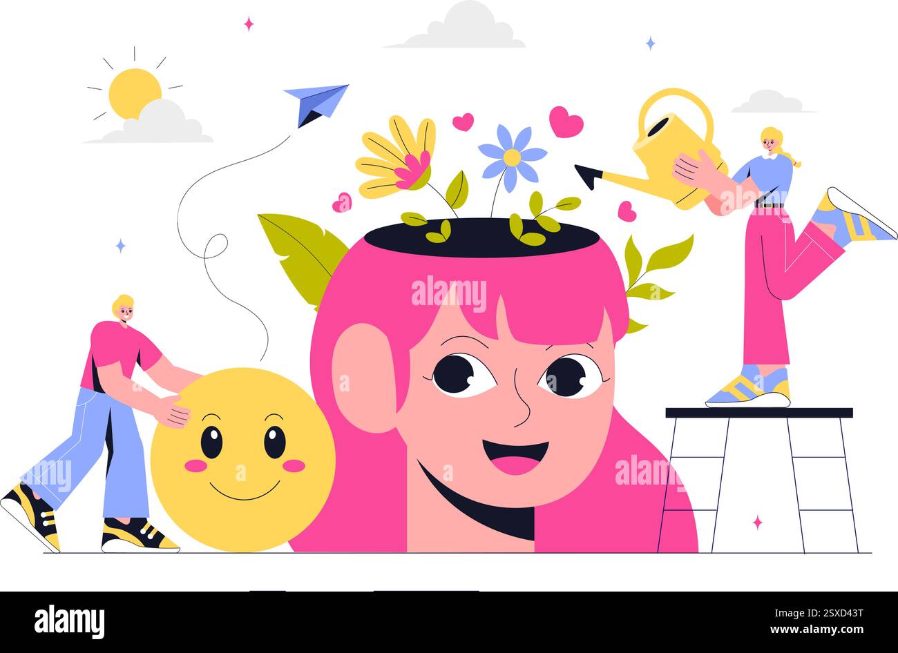 Mental Health Vector Illustration Featuring a Brain and Flowers ...
