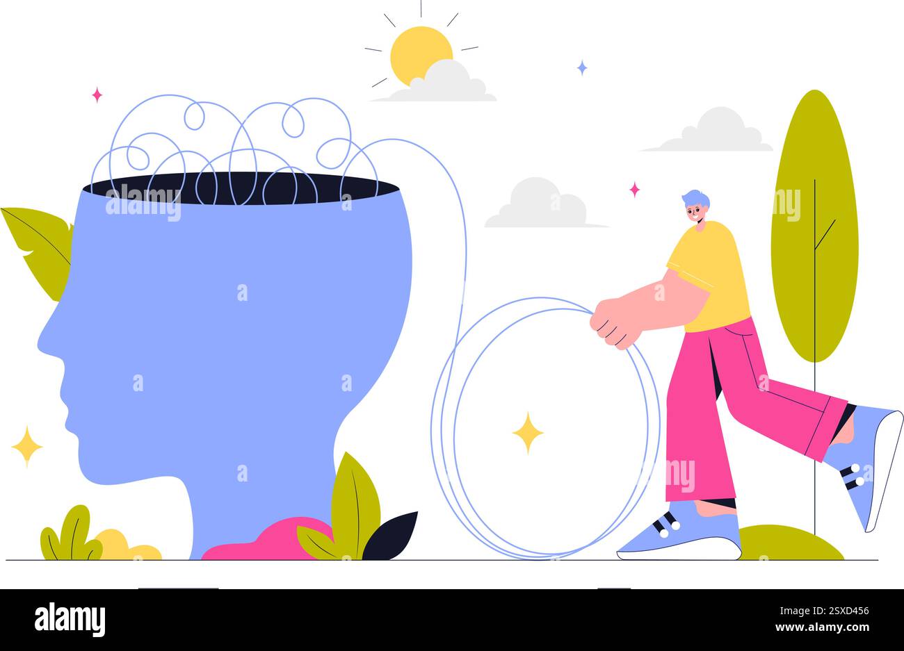 Mental Health Vector Illustration Featuring a Brain and Flowers ...