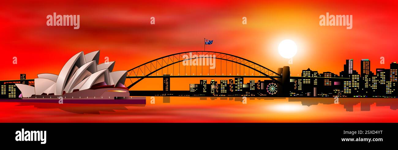 The Australian city of Sydney. Bridge over the bay. Sun, sky with ...