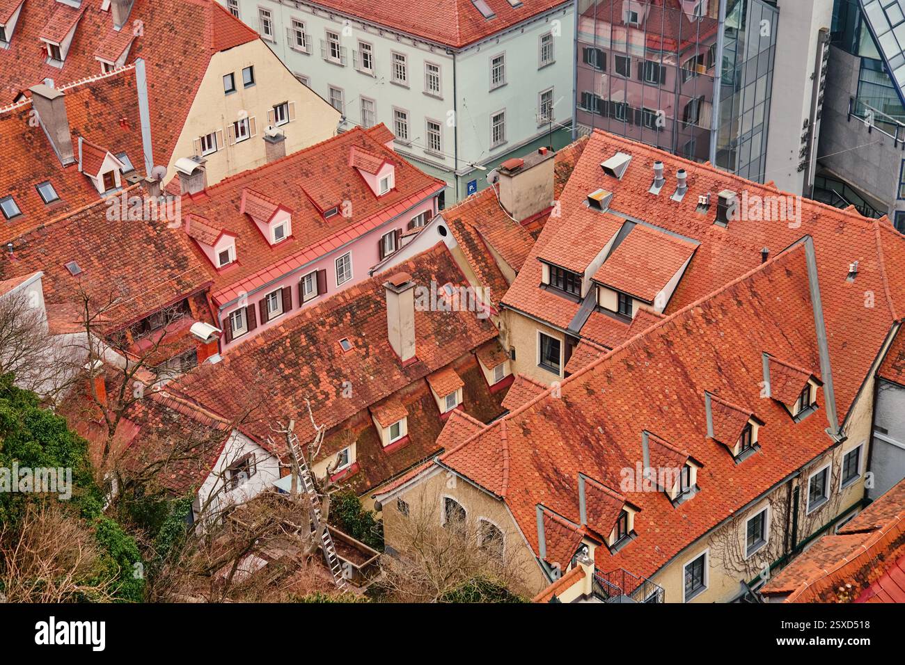 Scenic aerial view of historic European rooftops covered with red clay ...