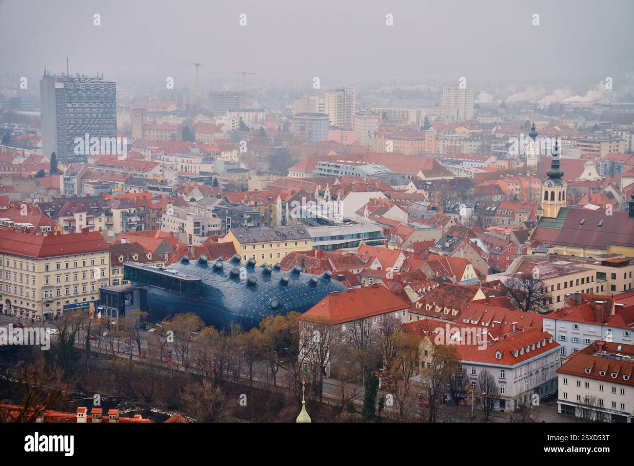 Graz cityscape on foggy day. Panoramic view of Graz, Austria with historical architecture ...