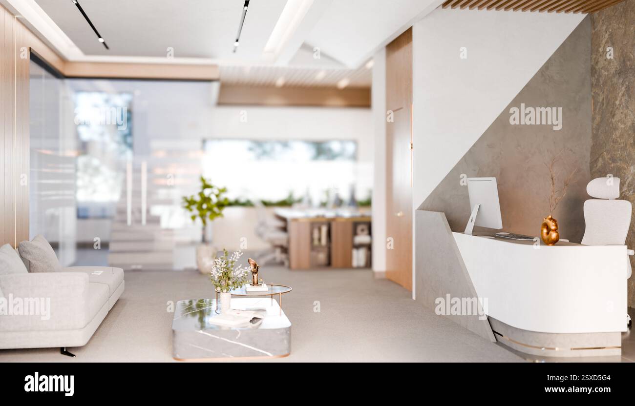 Contemporary workspace featuring reception desk, stylish furniture ...