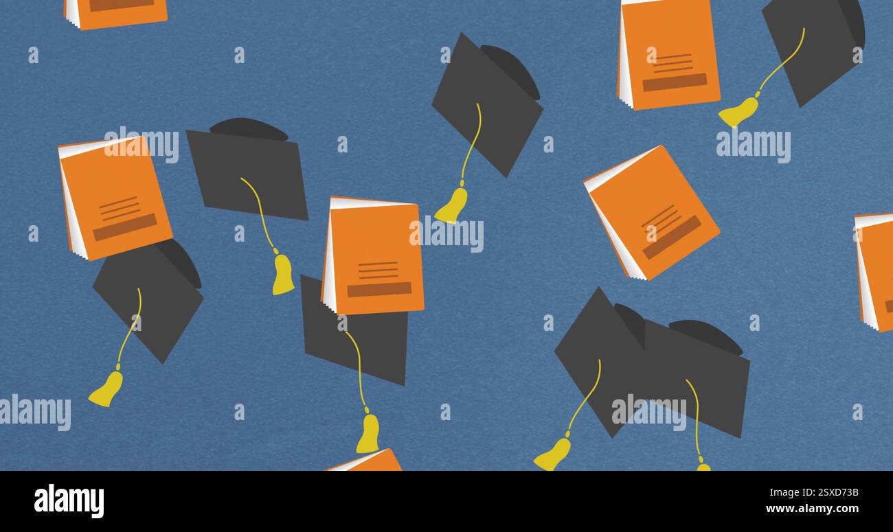 Image of notebooks and graduation hats falling on blue background Stock ...