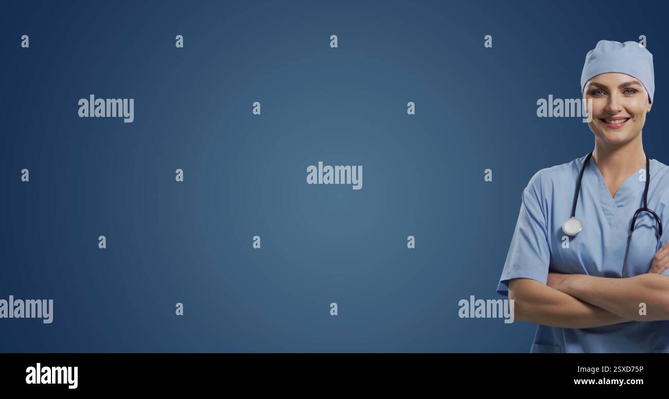 Image of caucasian female doctor wearing stethoscope on blue background ...