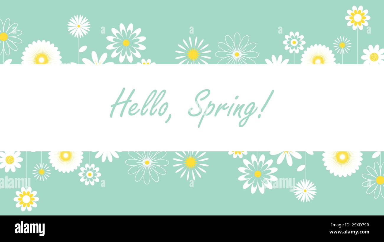 Hello spring banner with white flowers. Horizontal template in soft ...