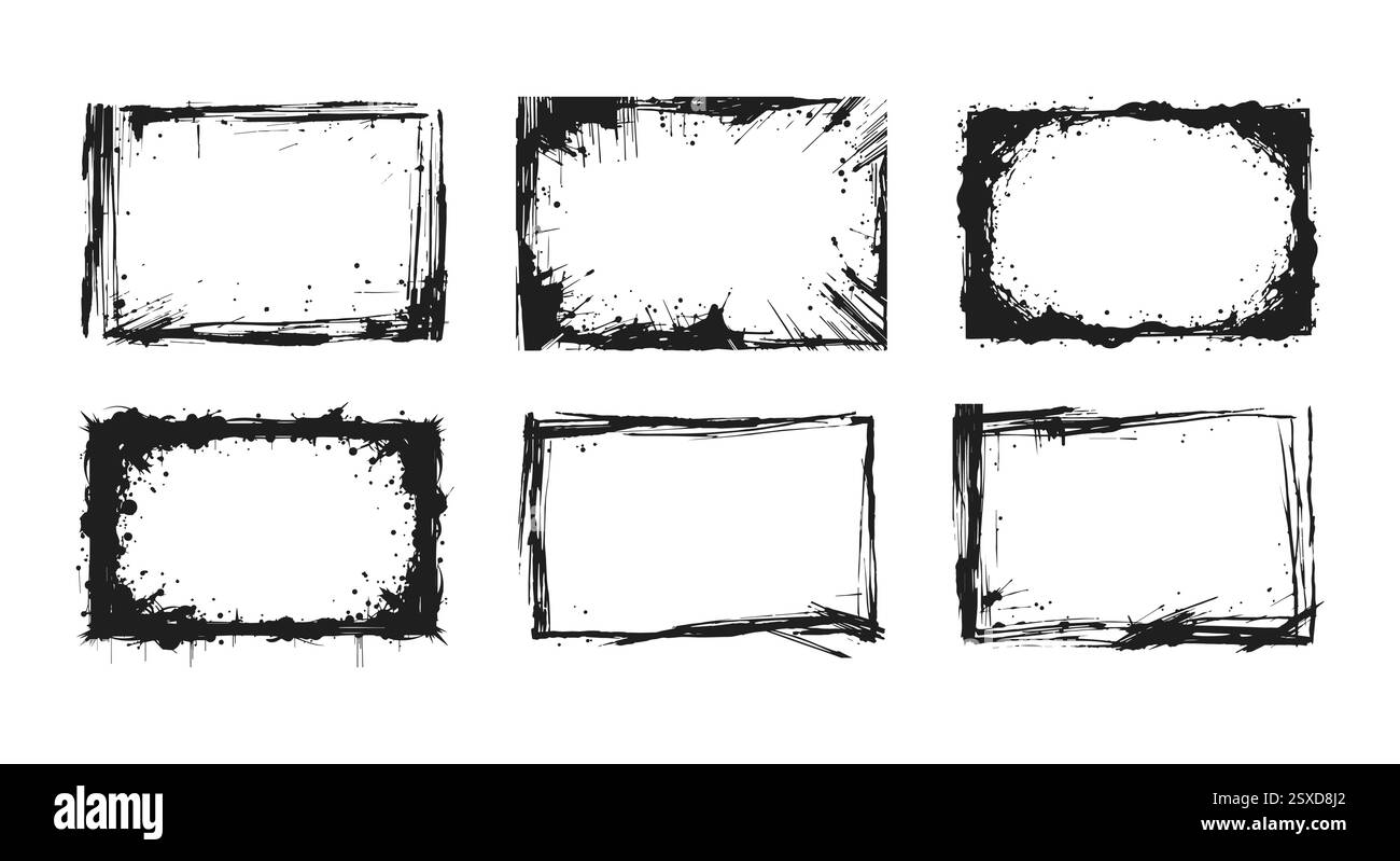 Black grunge rectangular frames with rough edges and splatters Stock Vector Image & Art - Alamy