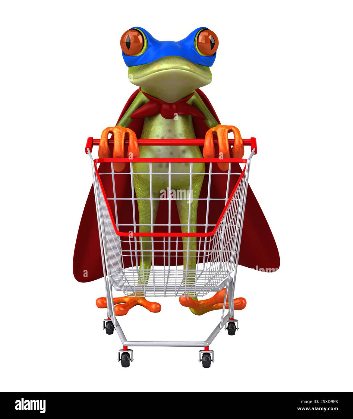Fun 3D cartoon illustration of frog superhero shopping Stock Photo - Alamy