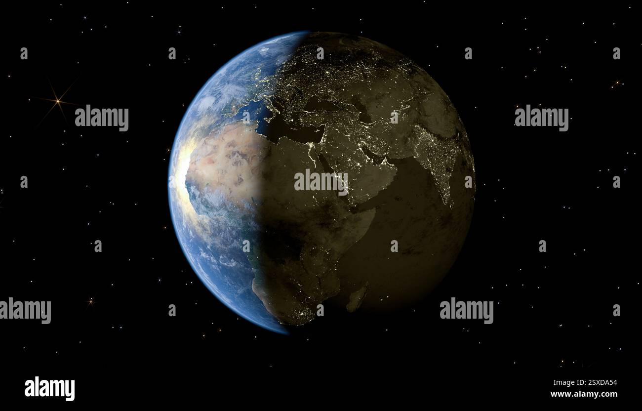 Earth in space showing day and night, continents visible, night lights ...