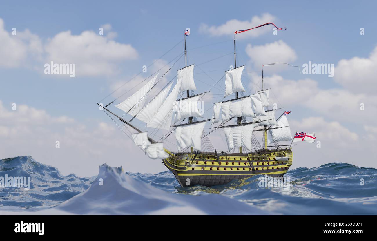 Historic sailing vessel navigating rough seas, detailed 3D illustration ...