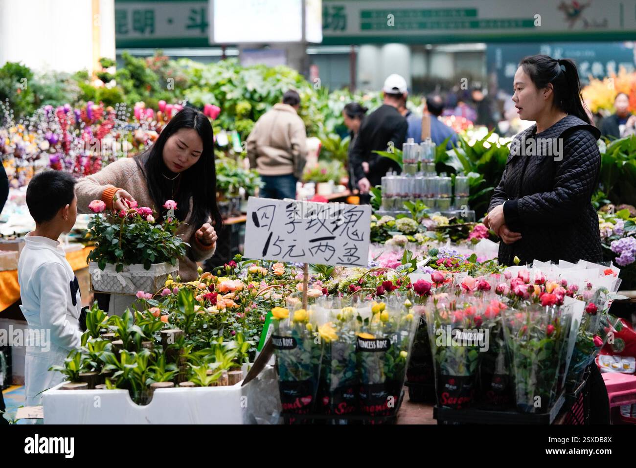 People select flowers at a flower market in Kunming City, southwest ...