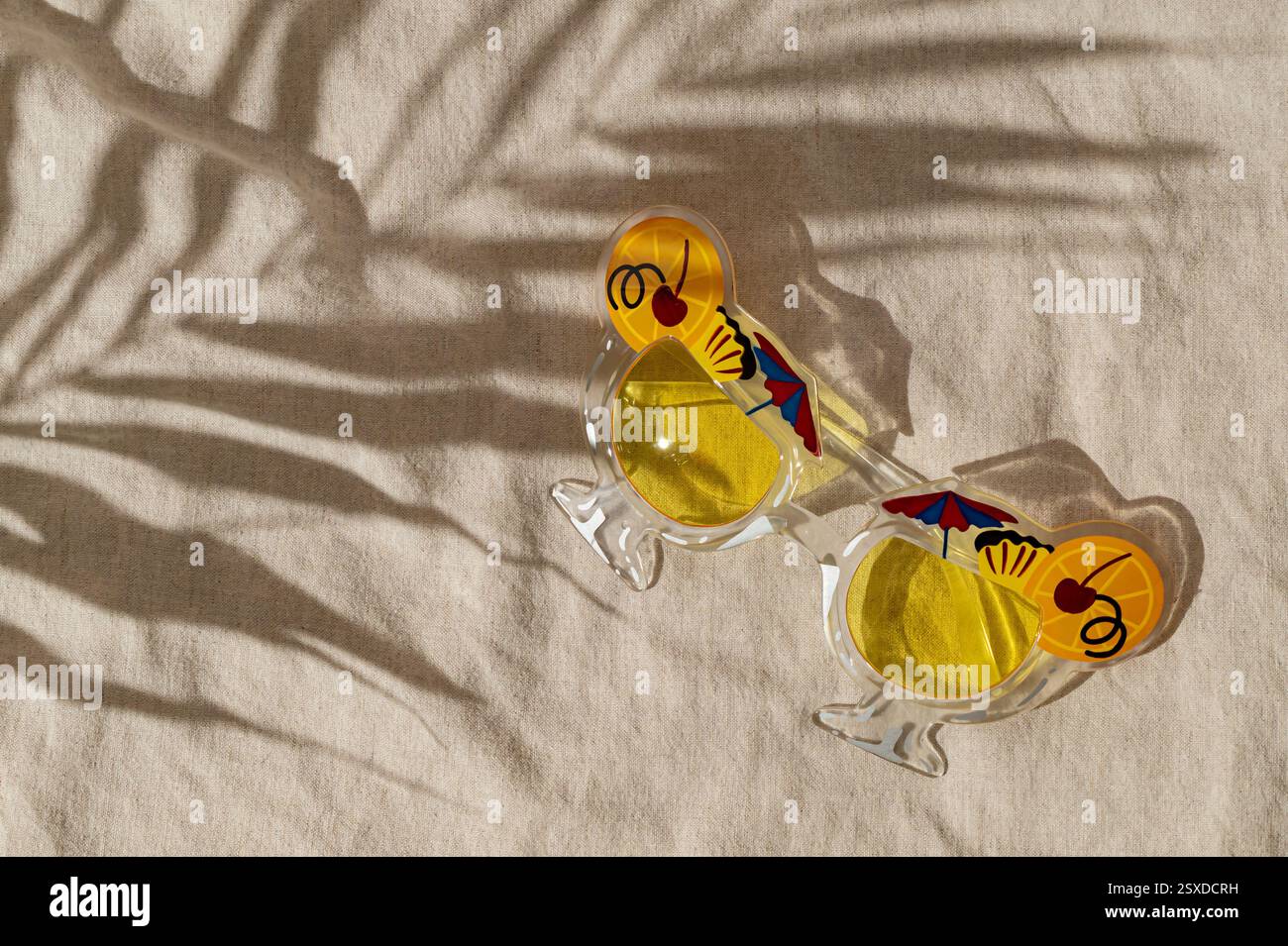 Summer scene with party sunglasses and tropical palm tree leaf shadow ...