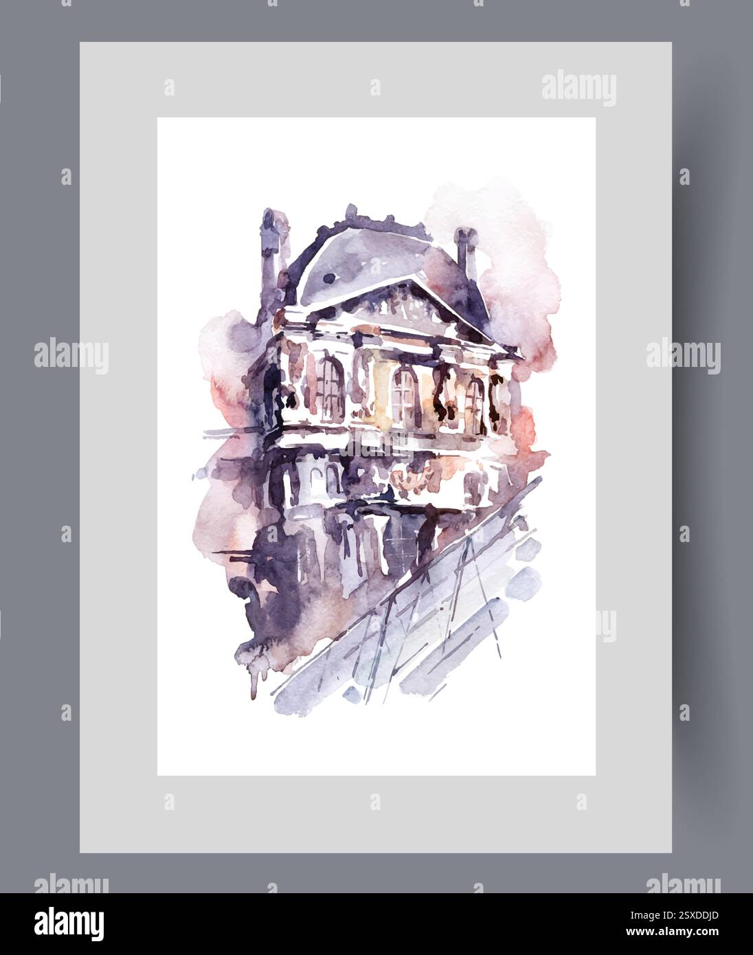 Louvre building in Paris with fragment of glass pyramid on poster ...