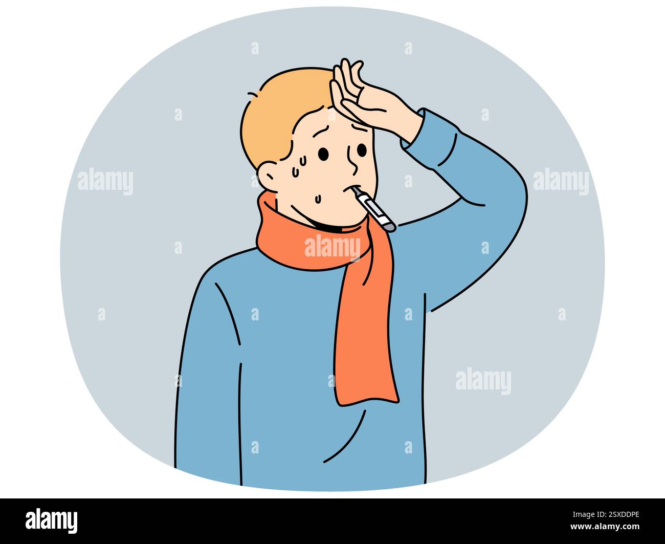 Sick flu boy with thermometer in mouth touching forehead with fever and ...