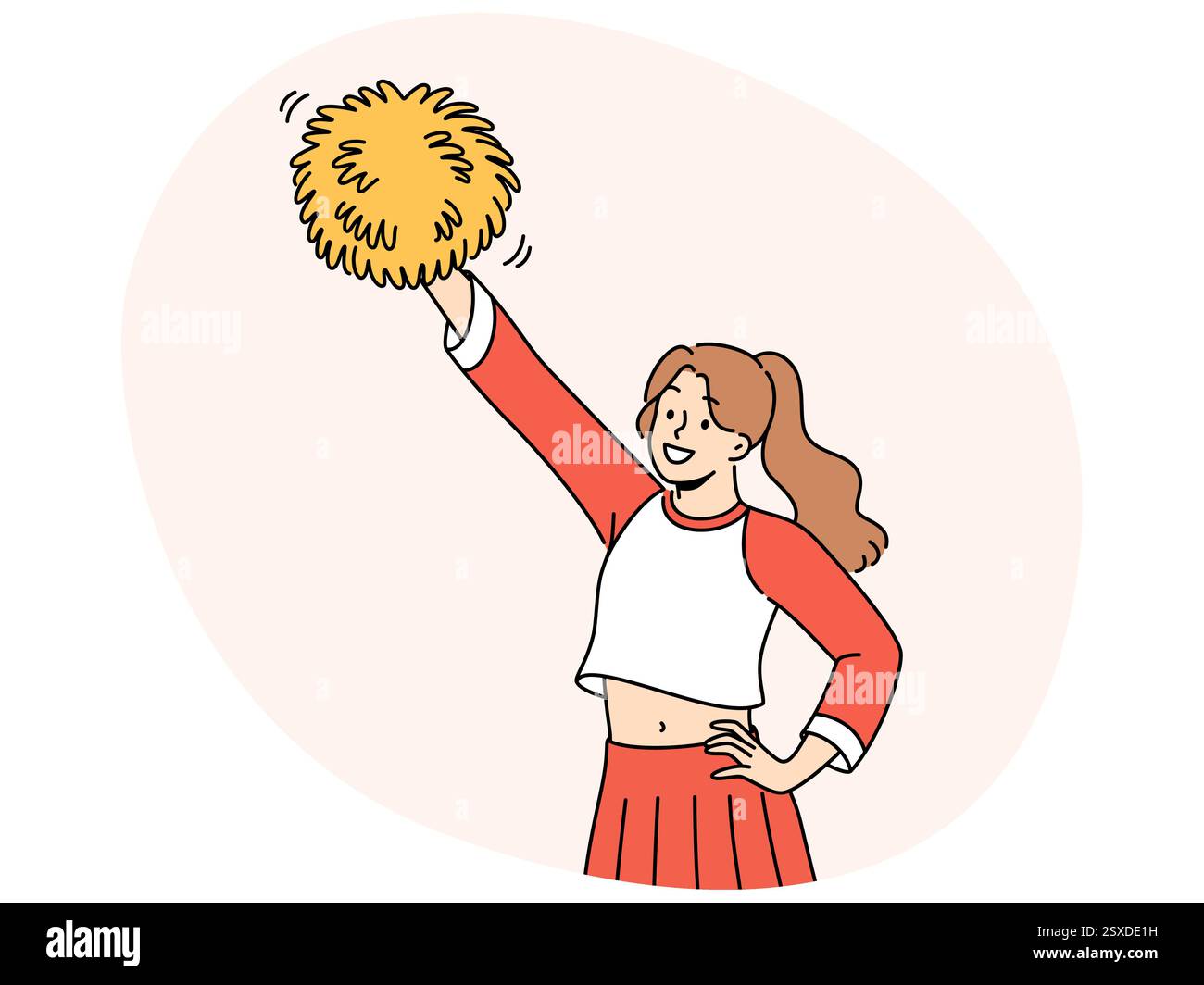 Woman cheerleader raises hand with pumpon up supporting college soccer ...