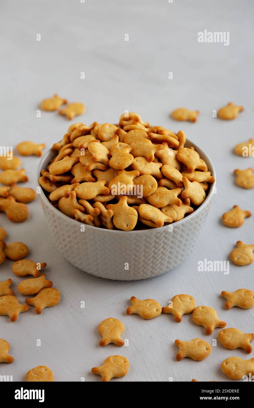 Mini Goldfish Crackers with Sea Salt in a Bowl, side view Stock Photo ...