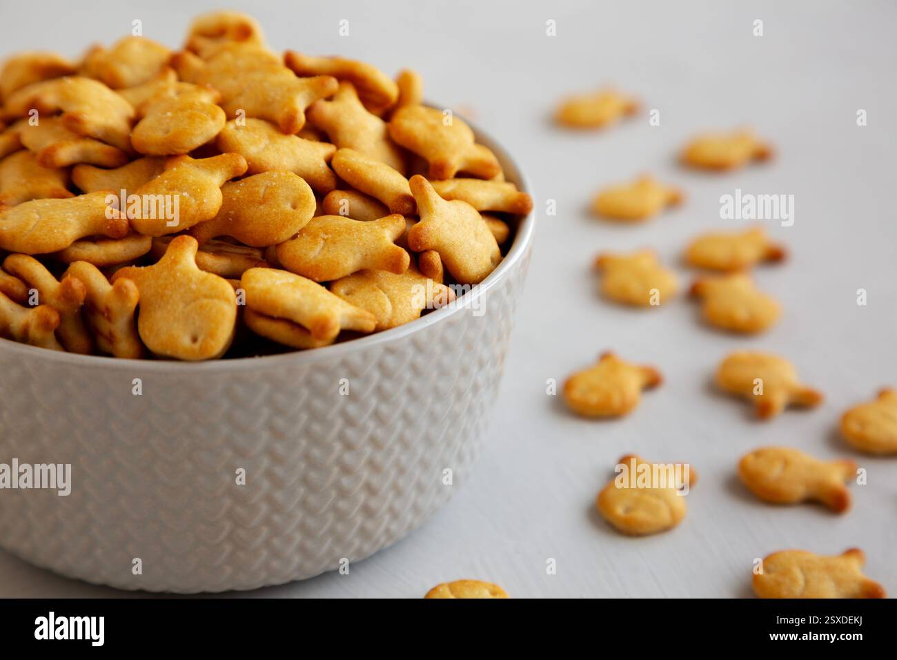 Mini Goldfish Crackers with Sea Salt in a Bowl, side view Stock Photo ...