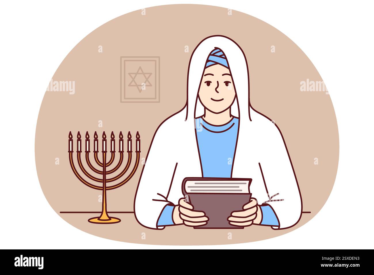 Jewish woman rabbi holds torah in hands and sits near image of star of ...
