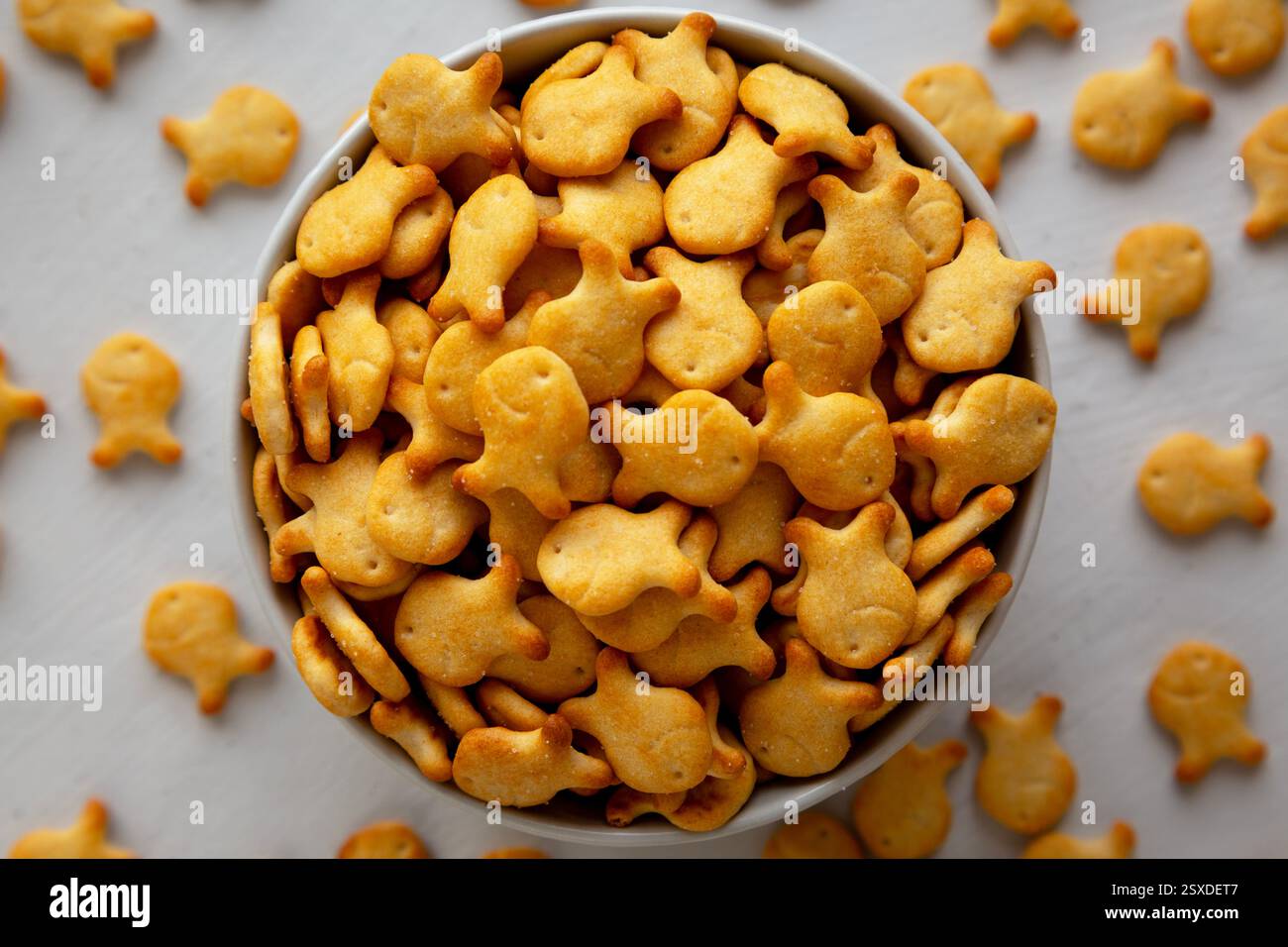Mini Goldfish Crackers with Sea Salt in a Bowl, top view Stock Photo ...