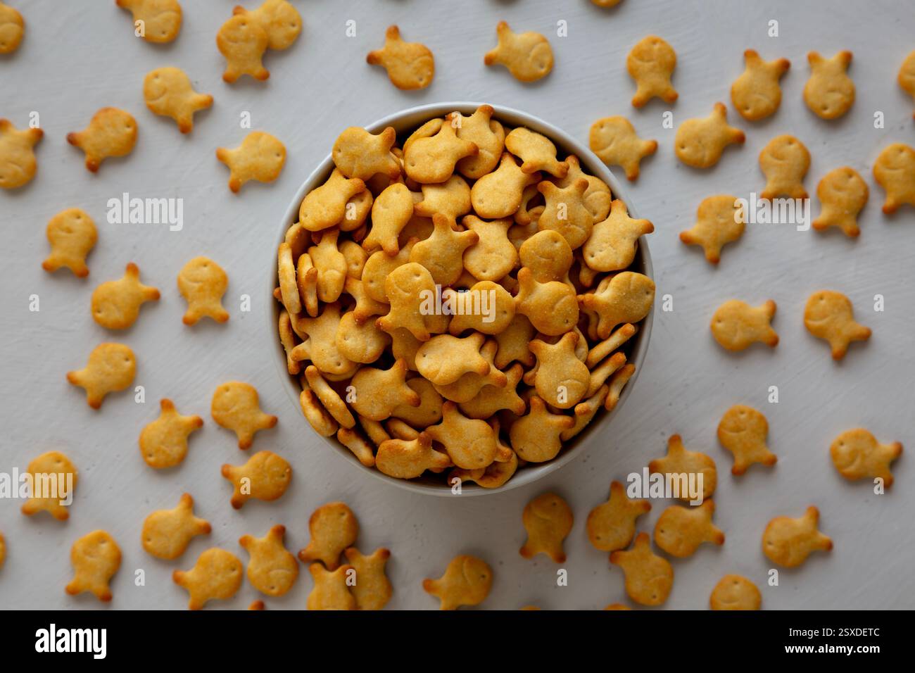 Mini Goldfish Crackers with Sea Salt in a Bowl, top view Stock Photo ...