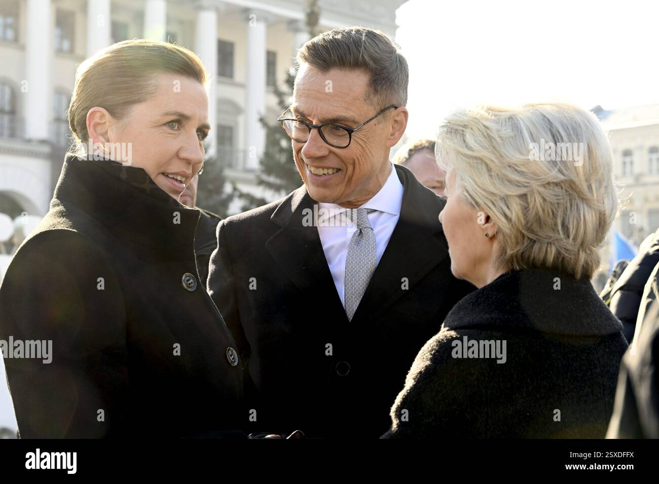 Kiev, Ukraine. 24th Feb, 2025. From left, Danish Prime Minister Mette ...