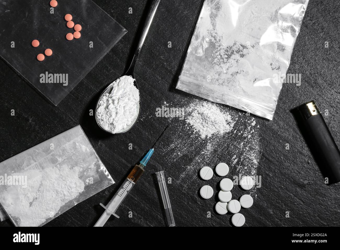Flat lay composition with different drugs on black textured table Stock ...